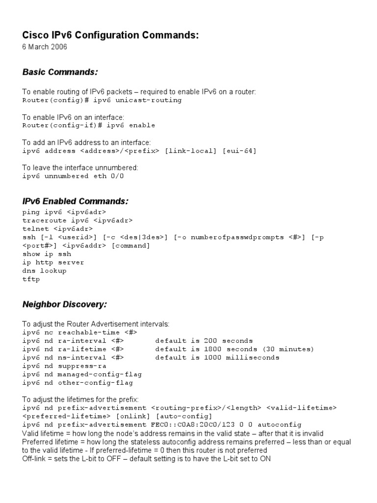 Cisco Ipv6 Configuration Commands Guide Pdf I Pv6 Router Computing 