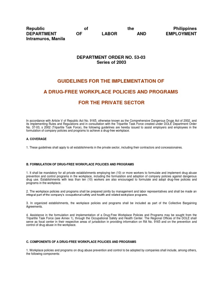Guidelines For The Implementation of A Drug-Free Workplace Policies and ...