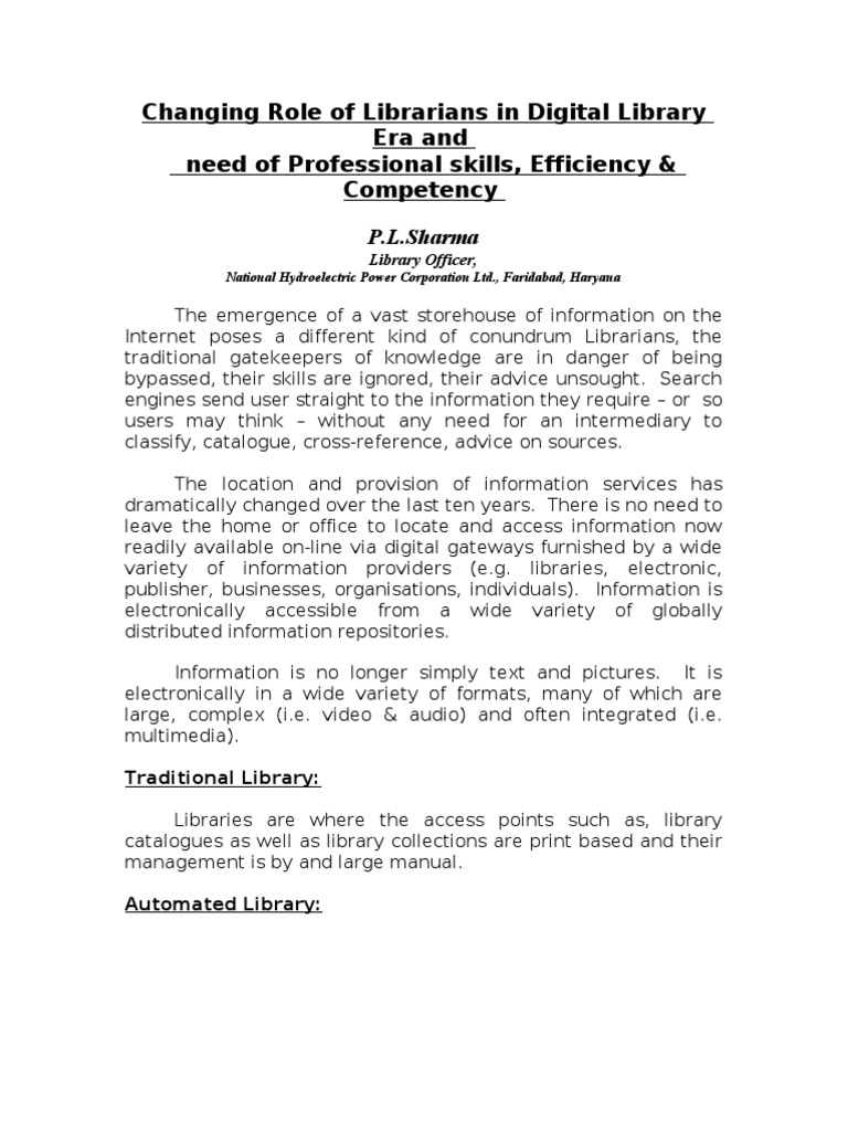 Changing Role of Librarians in Digital Library Era | PDF | Digital ...