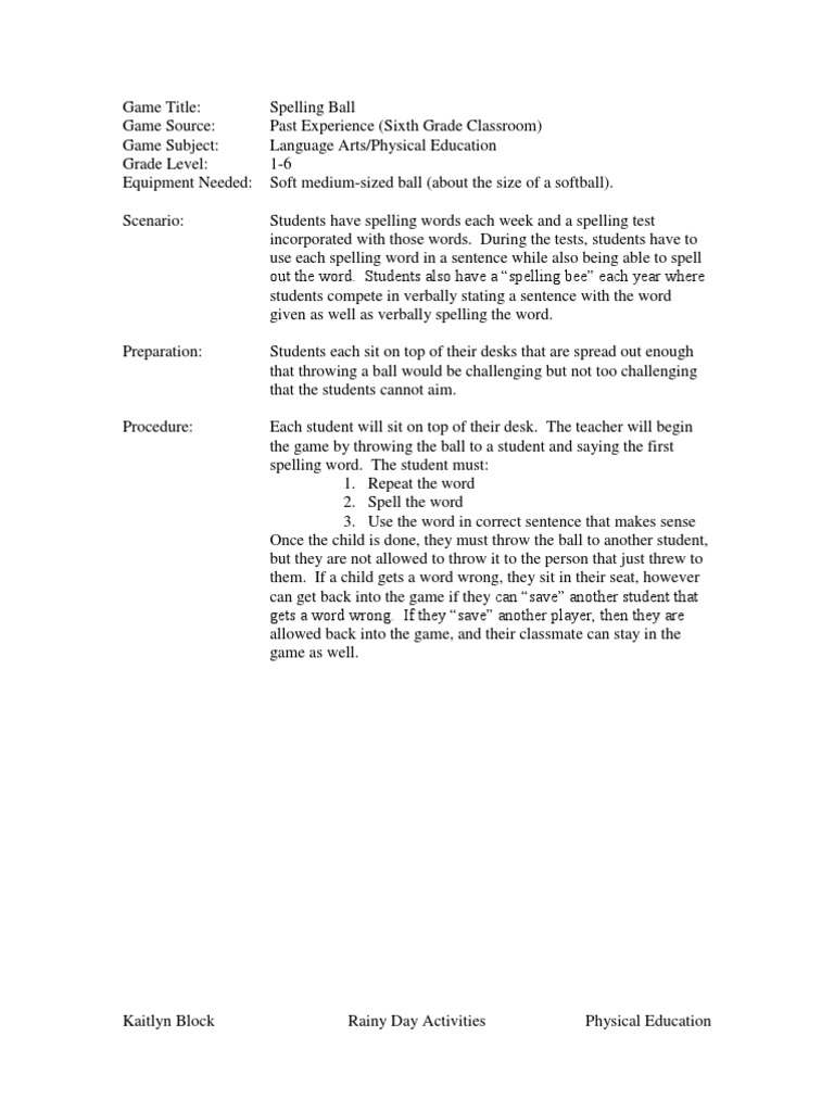 Rainy Day Activities | PDF | Classroom | Physical Education