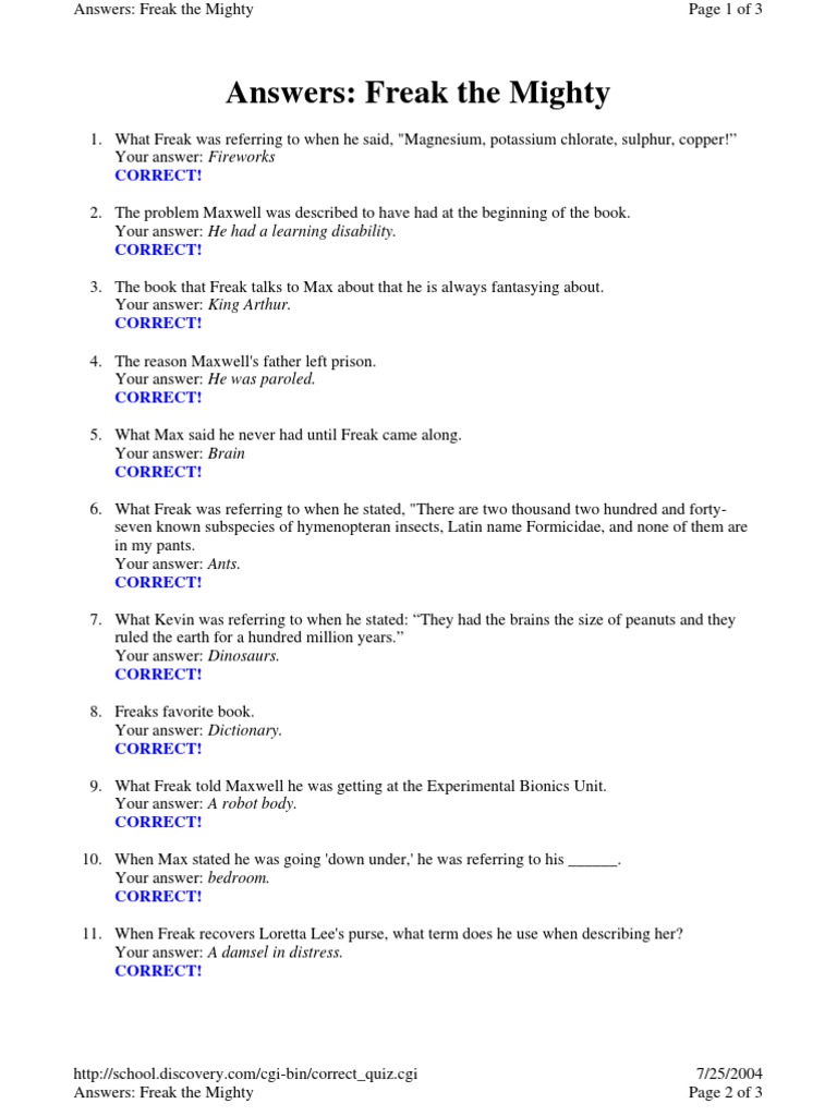 Student Quiz Answers and Results for Freak the Mighty | PDF | Leisure