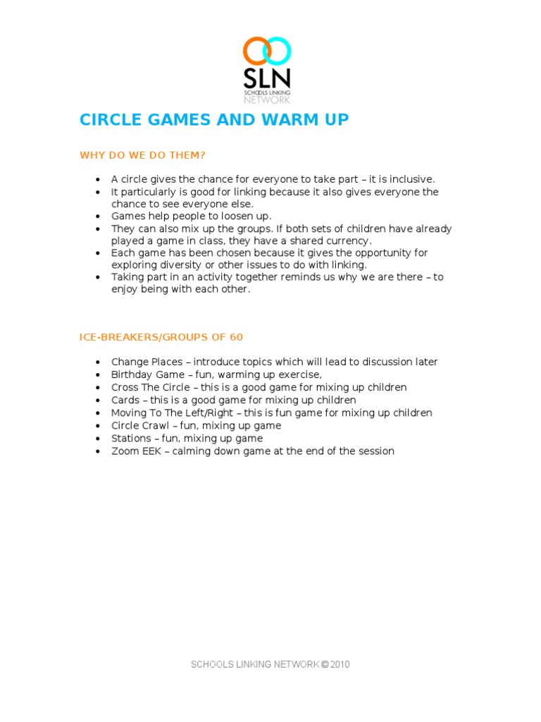 Circle Games and Warm Ups | PDF | Cognition | Further Education