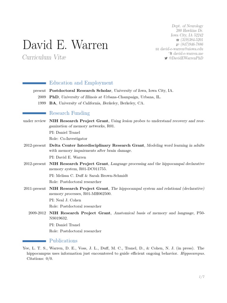 David E. Warren CV | PDF | Hippocampus | Amnesia
