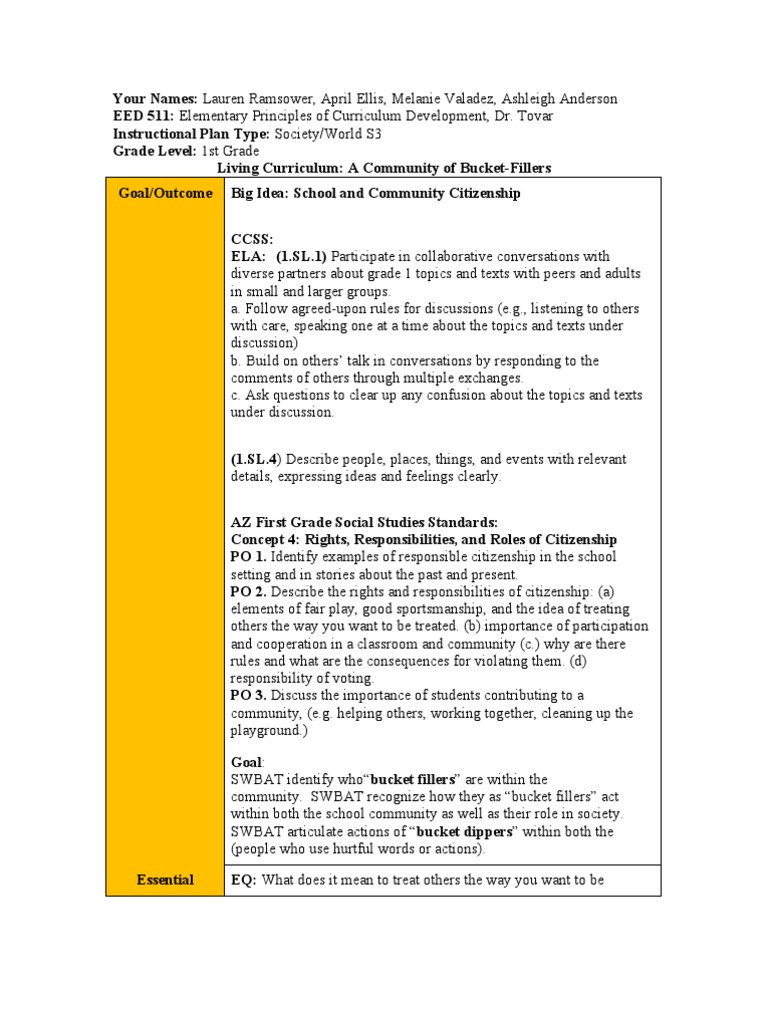 1st Grade Citizenship Instruction Plan | PDF | Conversation | Curriculum