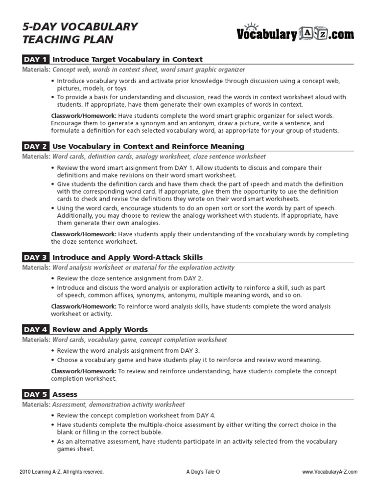 5-Day Vocabulary Teaching Plan: Introduce Target Vocabulary in Context ...