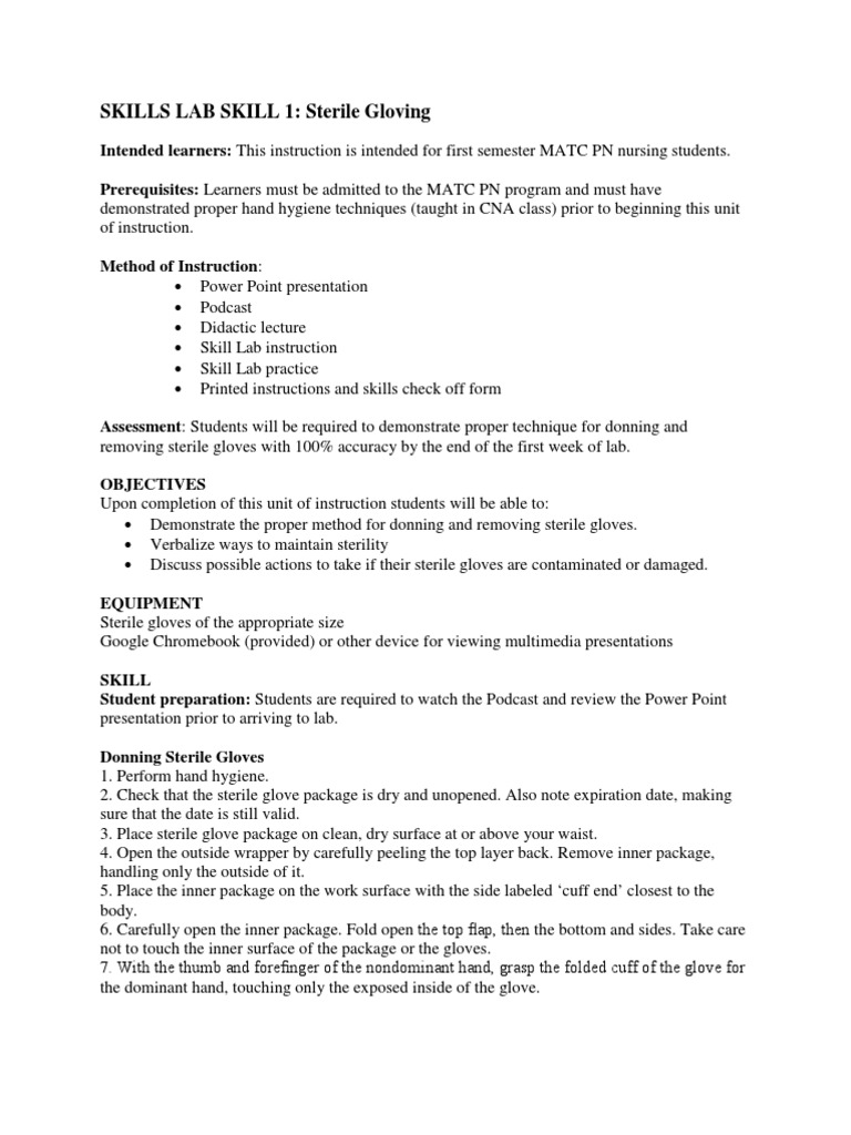 SKILLS LAB SKILL 1: Sterile Gloving | PDF