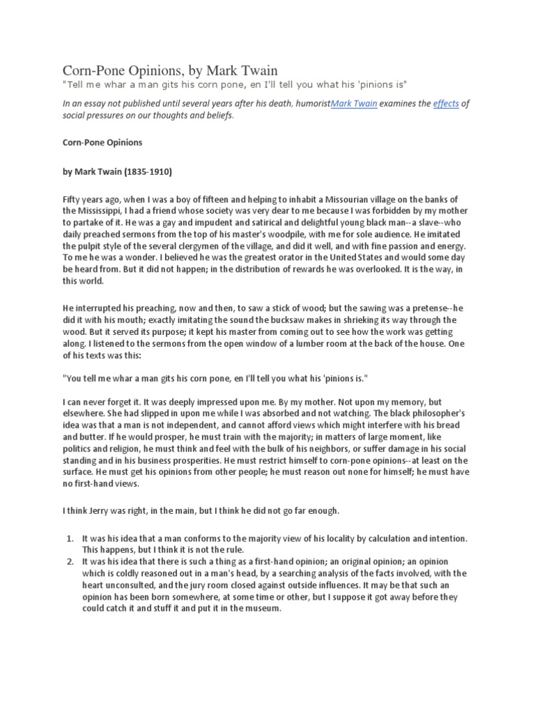 Corn-Pone Opinions by Mark Twain | Sermon | Religion And Belief