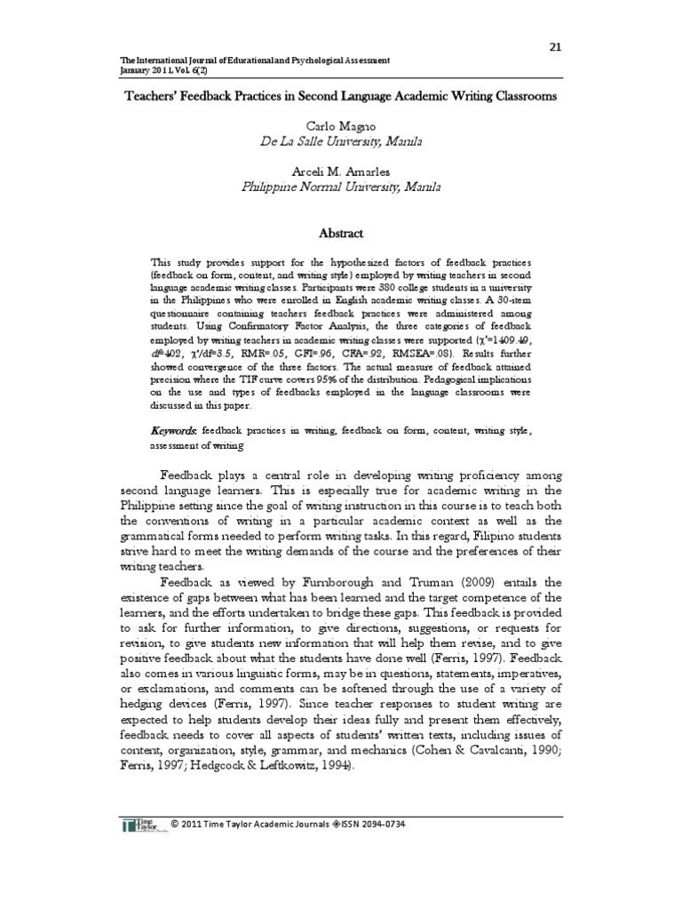 Teachers' Feedback Practices in Second Language Academic Writing ...