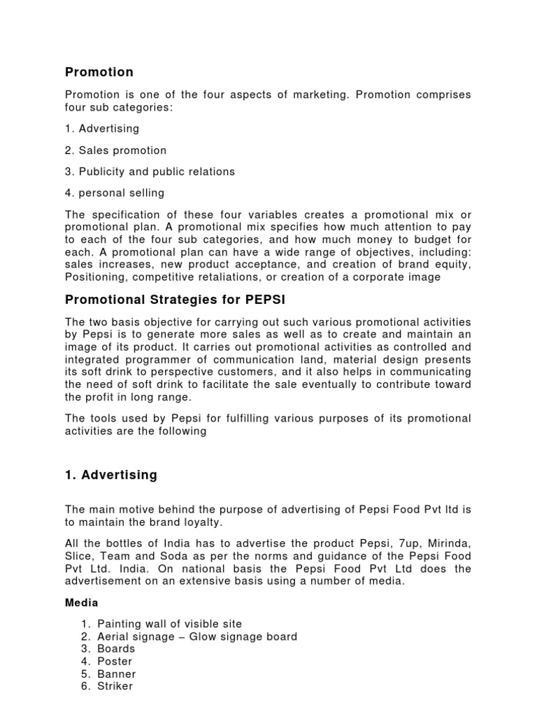 Promotion Strategies of Pepsi | Download Free PDF | Pepsi | Brand