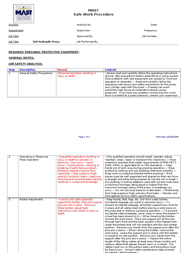 102 Hydraulic Press-Job Procedure | PDF | Safety | Manufactured Goods