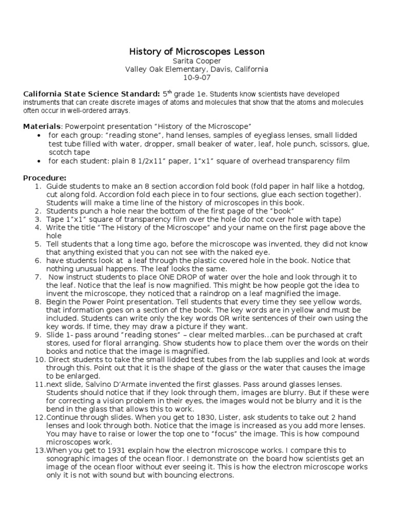 History of Microscopes Lesson Plan | PDF | Microscope | Lens (Optics)