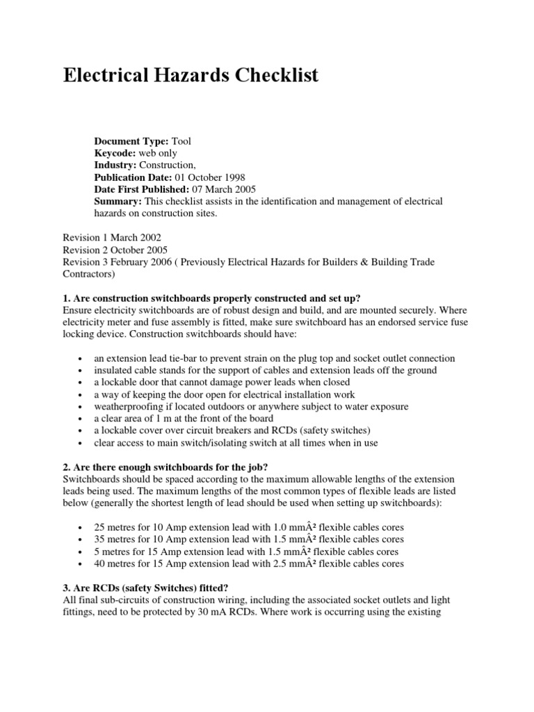 Electrical Hazards Checklist | Download Free PDF | Electrician ...