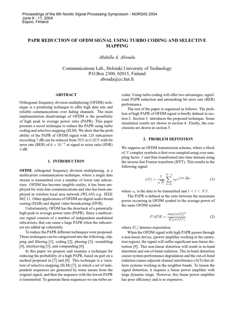 Papr Reduction of Ofdm Signal Using Turbo Coding and Selective Mapping | PDF | Orthogonal ...