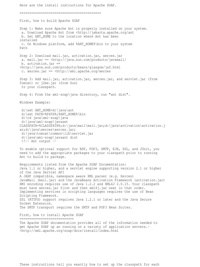 Install - Instructions - APACHE SOAP | PDF | Java (Programming Language) | Soap