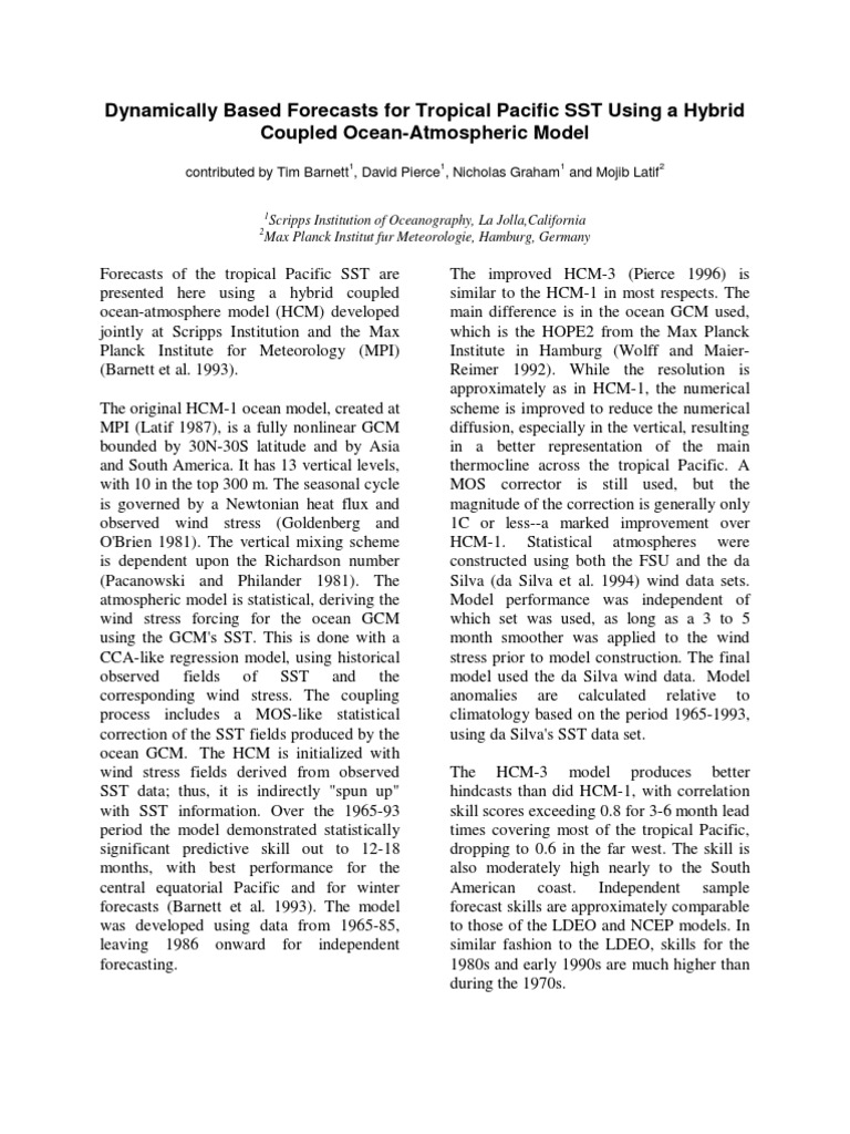 Dynamically Based Forecasts For Tropical Pacific SST Using A Hybrid Coupled Ocean-Atmospheric ...