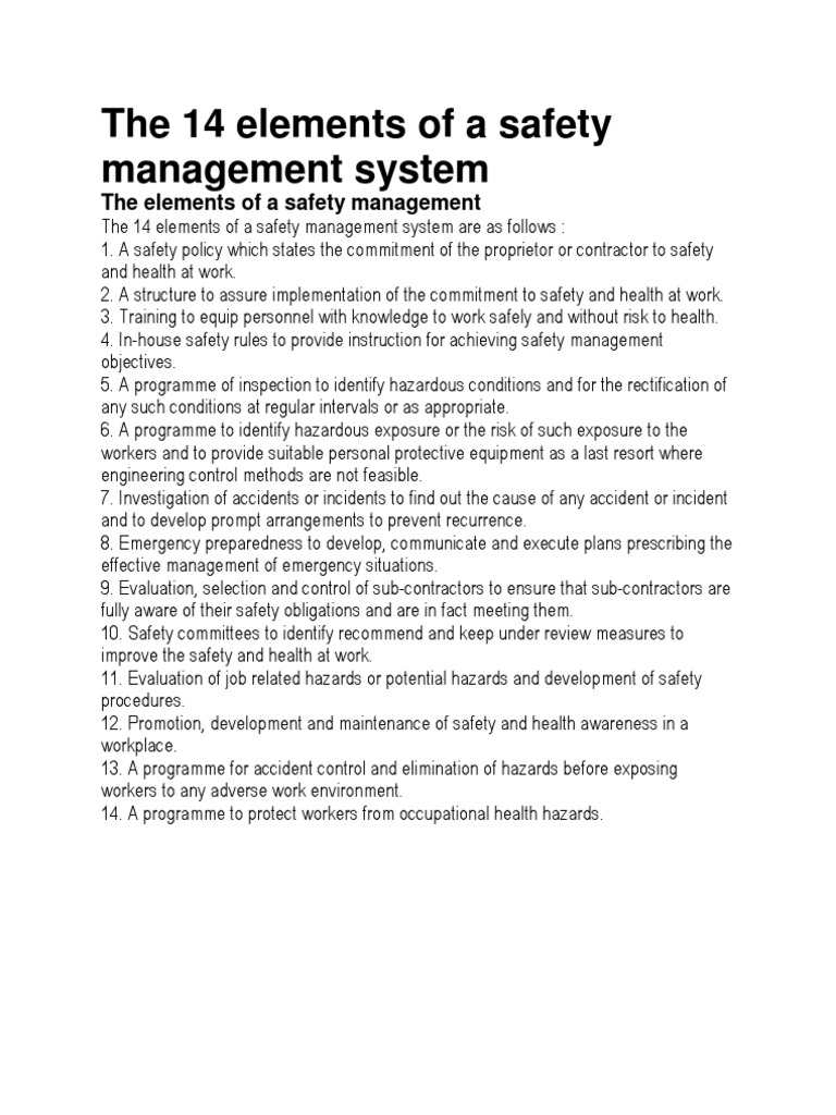 14 Elements of Safety Management System | PDF | Occupational Safety And ...