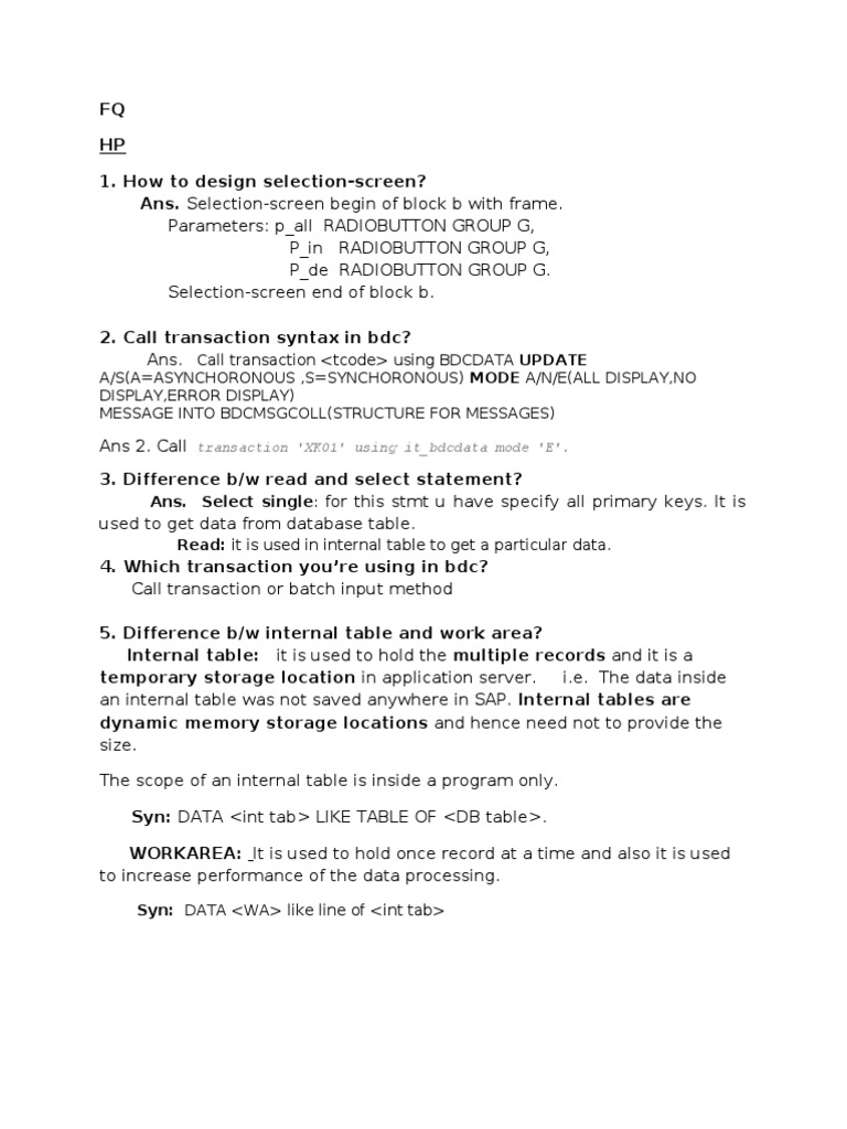 Abap Real Time Interview Questions | PDF | Database Index | Subroutine Abap Real Time Interview Questions | PDF | Database Index | Subroutine