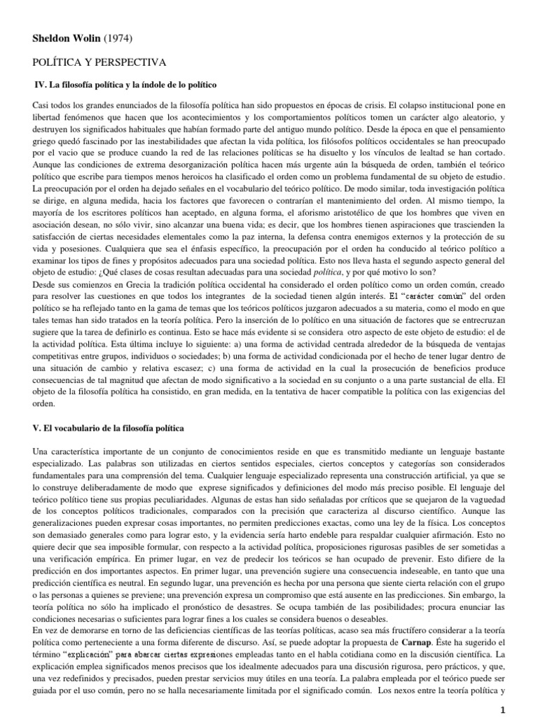 Resumen - Sheldon Wolin (1974) "Política y Perspectiva", Pp. 17-26 ...