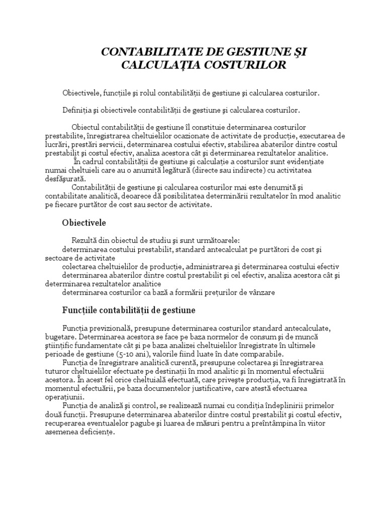 Contabilitate de Gestiune Si Calculatia Costurilor | PDF