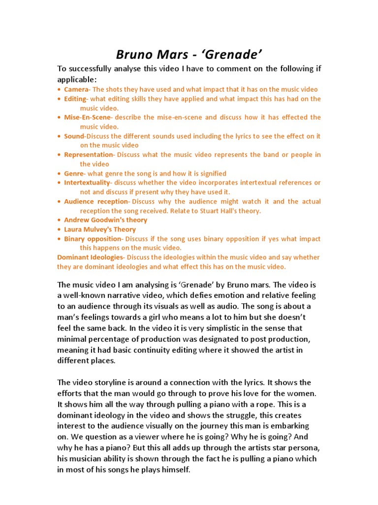 Bruno Mars 'Grenade' Analysis | PDF | Genre | Cinematography