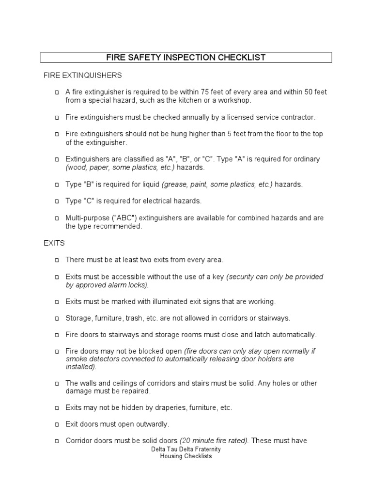 Fire Safety Inspection Checklist Guide | PDF | Flammability | Door