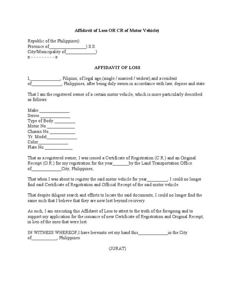 Affidavit of Loss or CR of Motor Vehicle