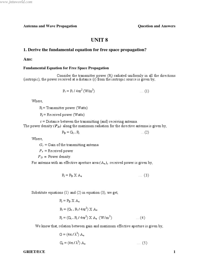 Unit 8: 1. Derive The Fundamental Equation For Free Space Propagation ...