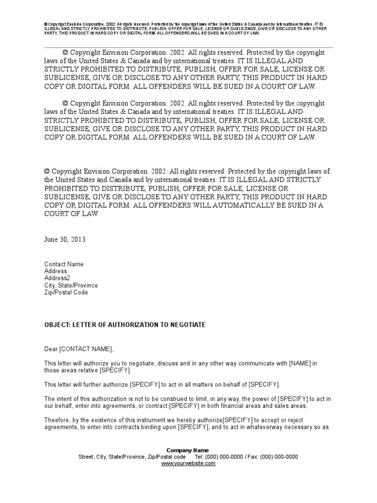 Letter of Authorization To Negotiate | PDF | Copyright | Copyright Law ...