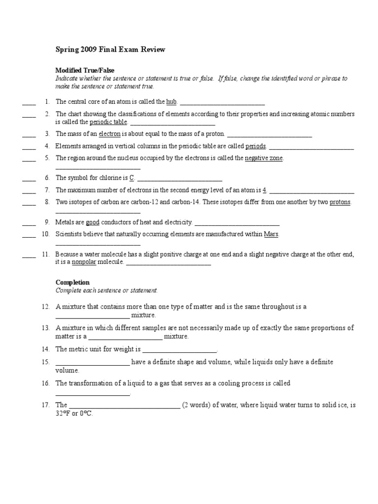 Spring 2009 Final Exam Review: Modified True/False | PDF | Chemical ...