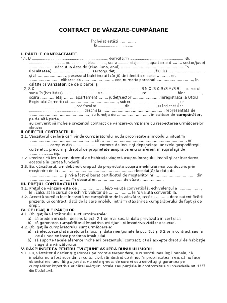 Contractul de Vanzare-Cumparare (Imobil) | PDF