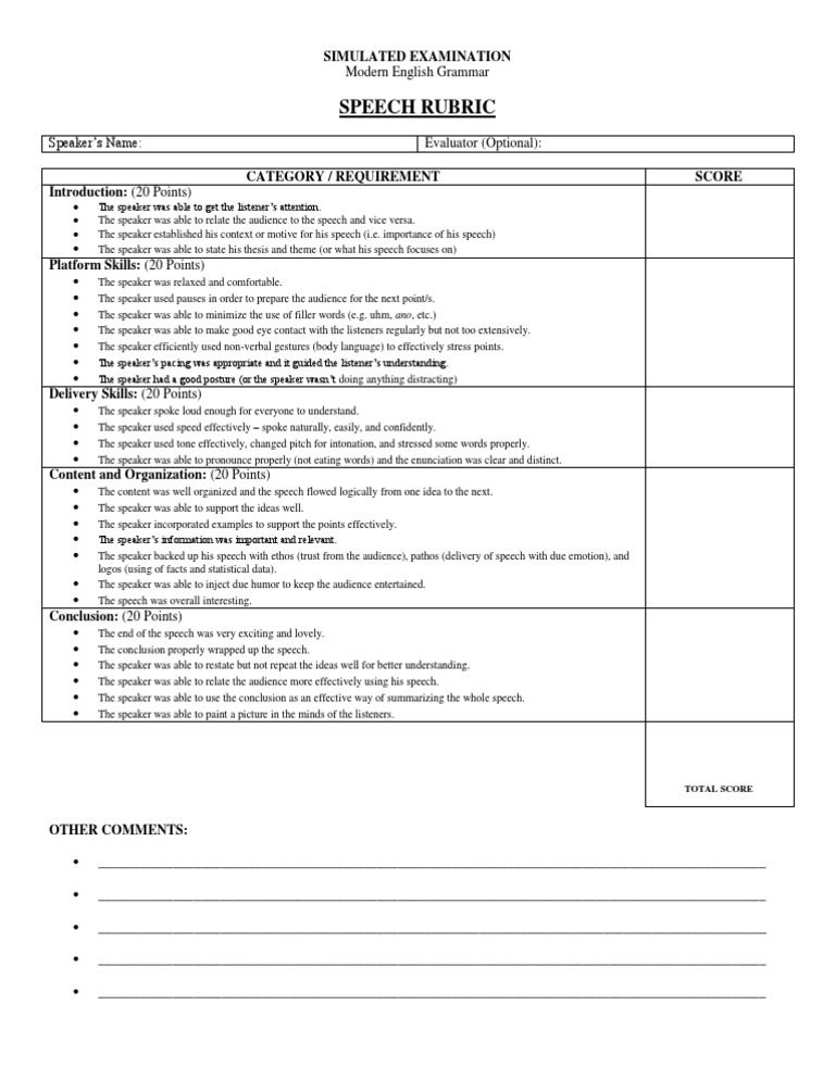 Speech Rubric Simulated Examination Pdf Audience Speech