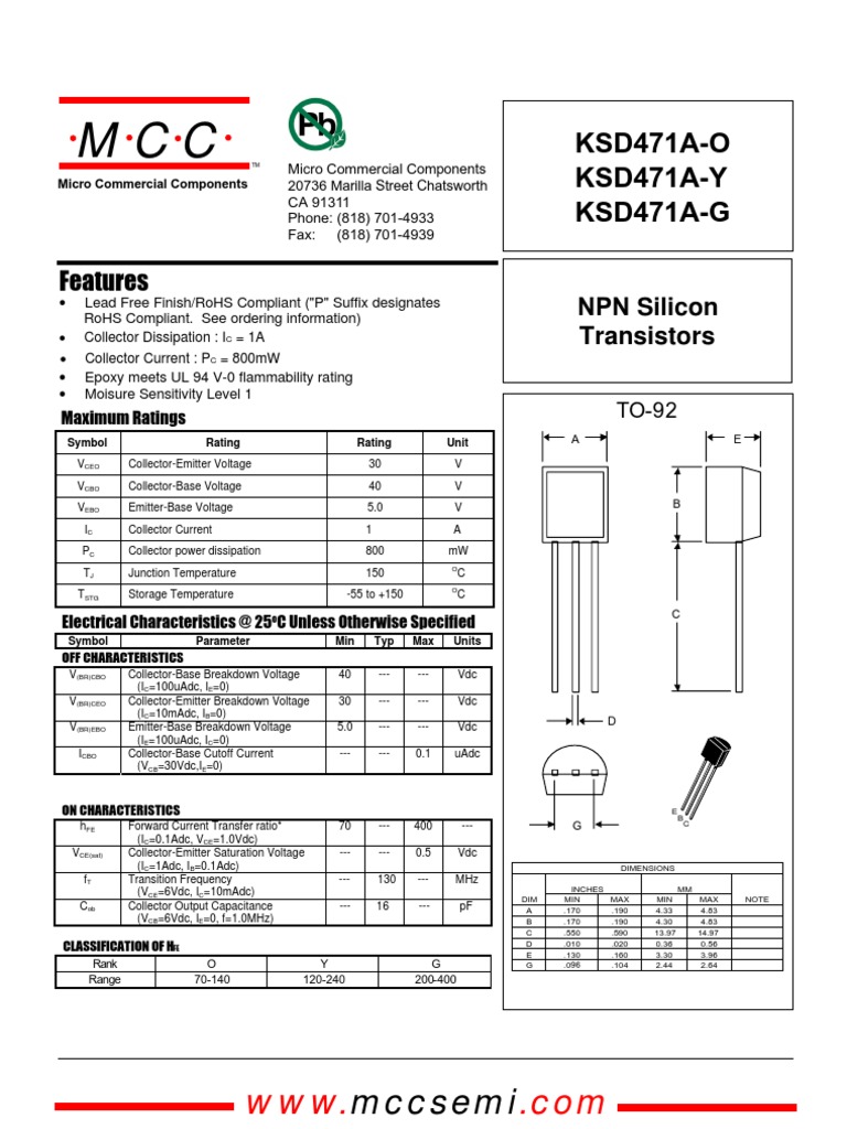 Datasheet Ksd471-Y NPN Silicon | PDF | Bipolar Junction Transistor ...
