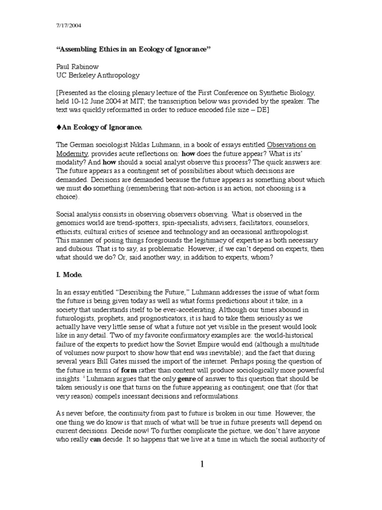 Assembling Ethics in An Ecology of Ignorance | PDF | Risk | Paintings