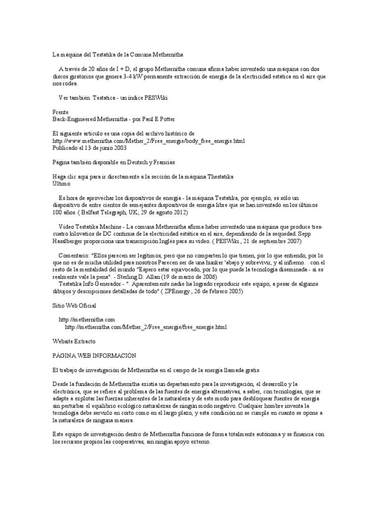 La Máquina Del Testatika de La Comuna Methernitha | PDF | Conocimiento ...