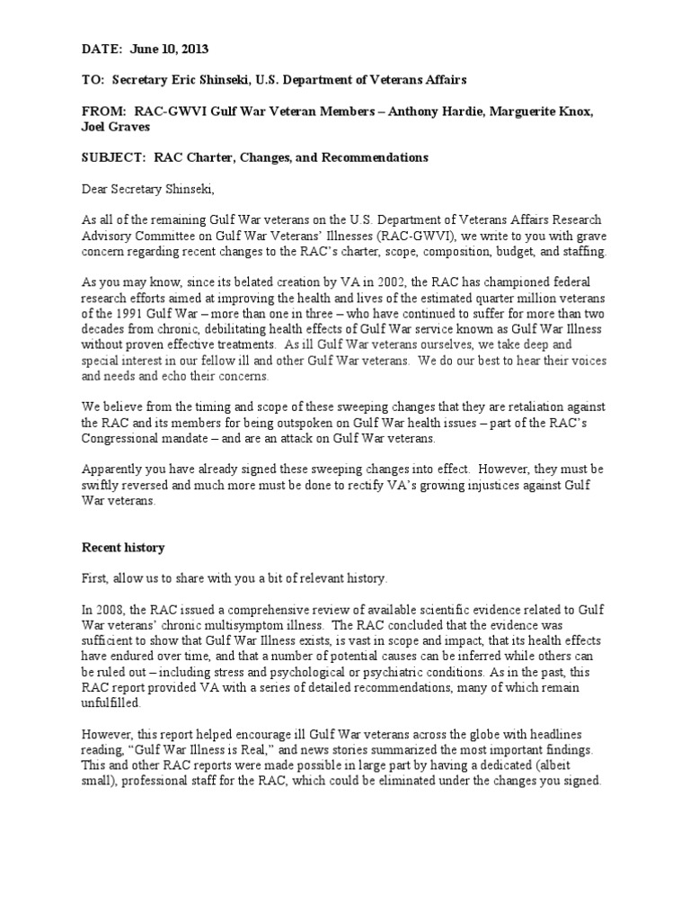 RAC Gulf War Veterans' Urgent Letter To Sec Shinseki 06-10-2013 | PDF ...