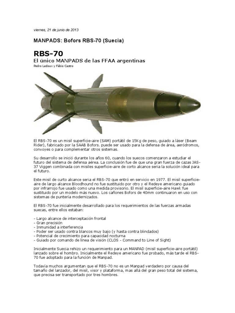 Bofors RBS 70 | PDF | Guerra antiaérea | Misil