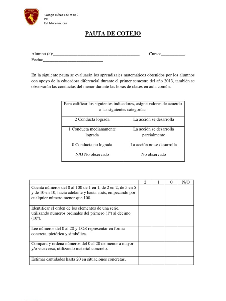 Pauta de Cotejo 1 Ero | PDF | Ciencia cognitiva | Cognición