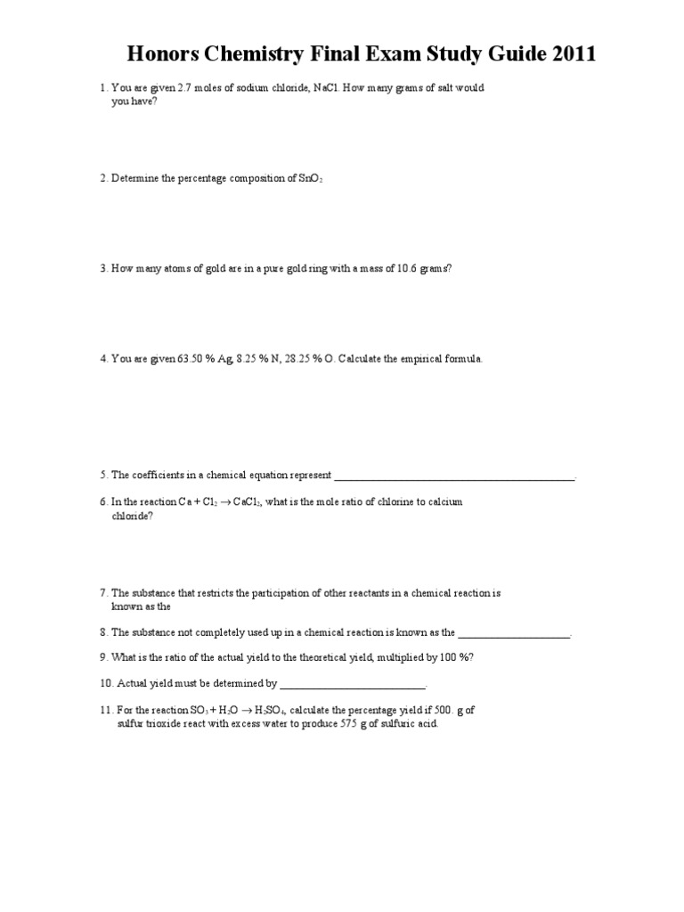 Honors Chemistry Final Exam Study Guide | PDF | Ph | Molar Concentration