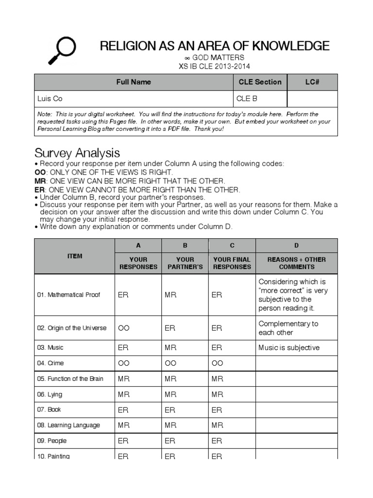 Religion and Knowledge Survey Worksheet | PDF