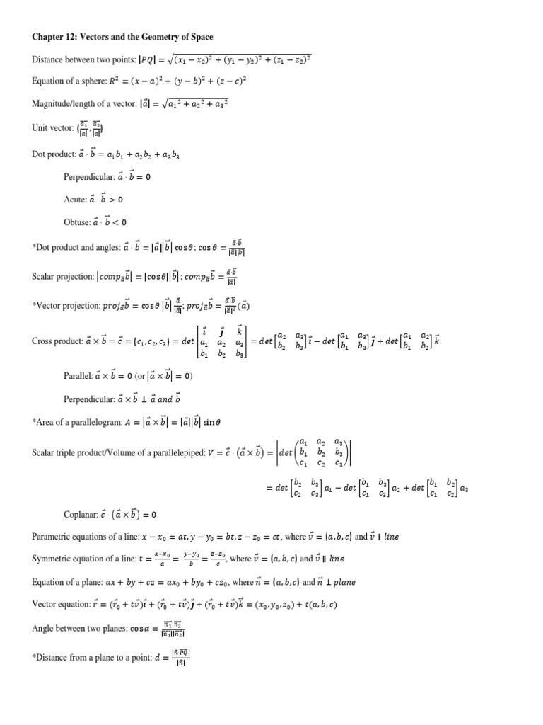 Multivariable Calculus Formulas Pdf Plane Geometry Equations