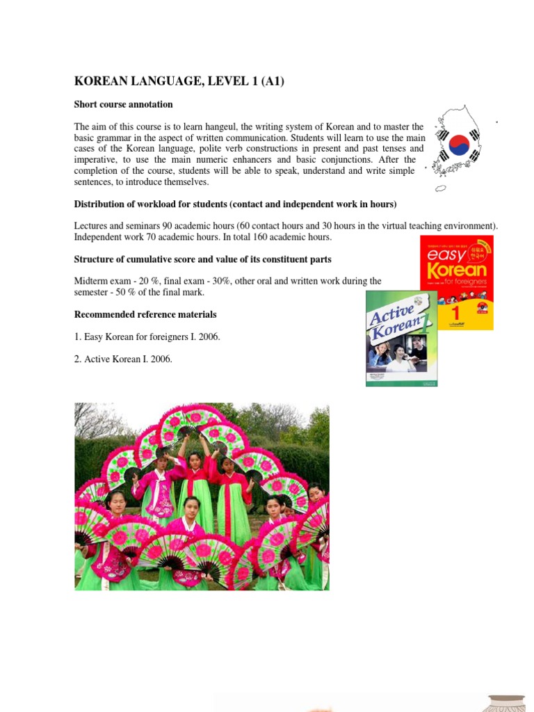 Korean Language, Level 1 (A1) : Short Course Annotation | PDF | Korean ...