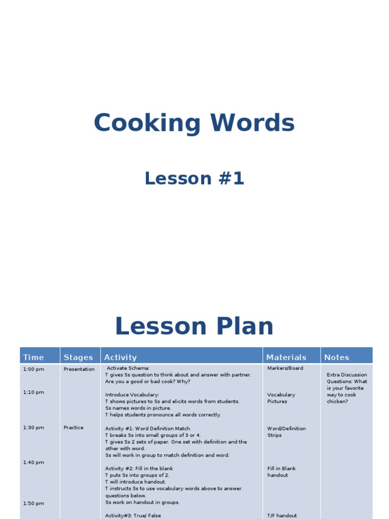 ESL Cooking Vocabulary Lesson Plan | PDF | Cooking | Vocabulary