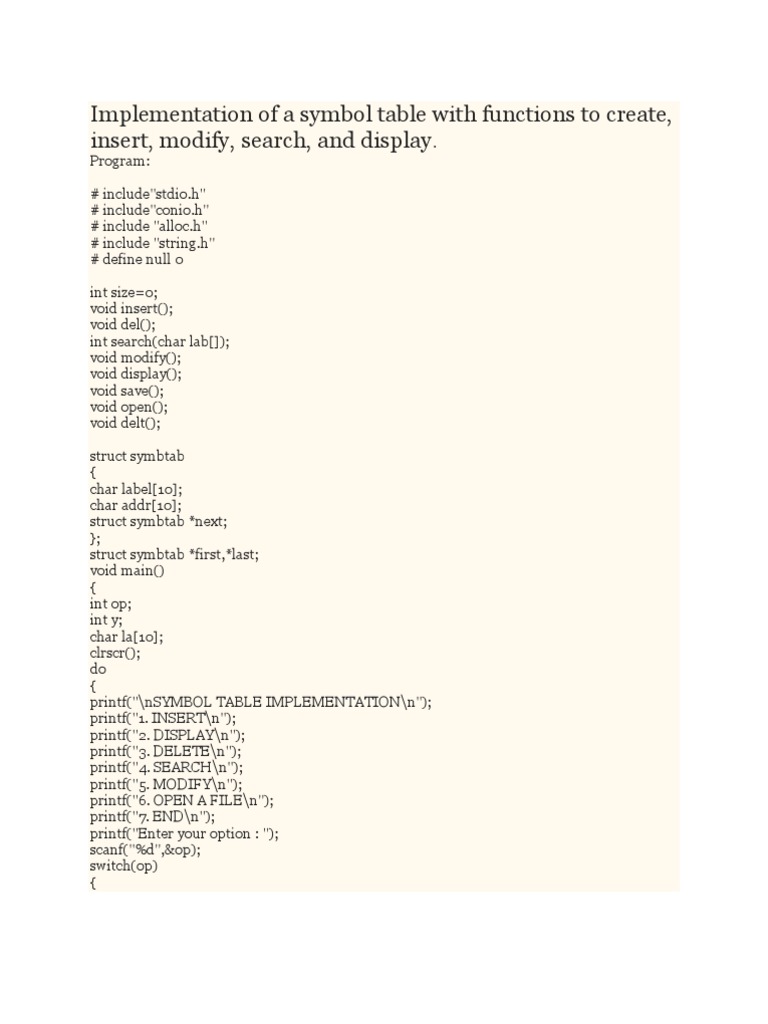 Implementation of A Symbol Table With Functions To Create | PDF ...