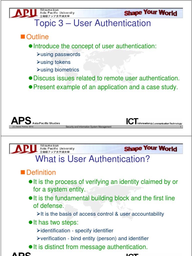 Topic 3 - User Authentication: Outline | PDF | Password | Authentication