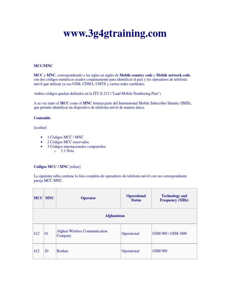 MCC MNC | PDF | Telecomunicaciones móviles | Telecomunicaciones