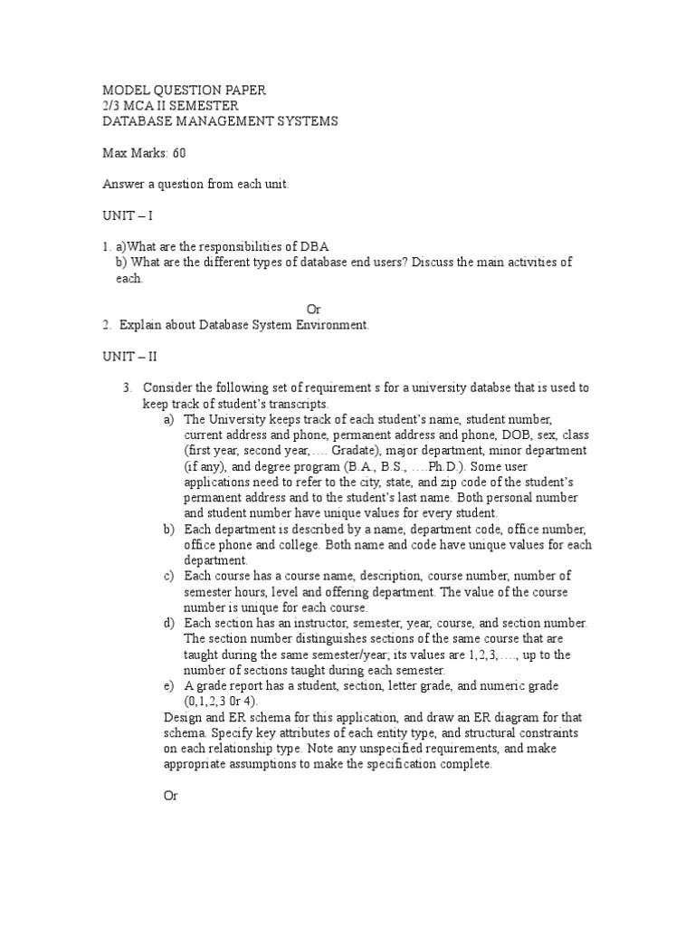 DBMS Model Question Paper for MCA II Sem | PDF | Relational Model ...