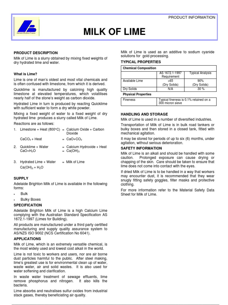 PDS Milk of Lime | Calcium | Chemical Elements