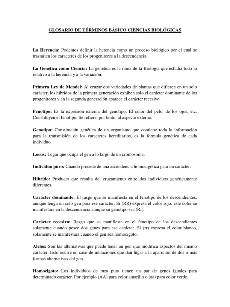 Glosario de Términos Básico Ciencias Biológicas | PDF | Dominancia (Genética) | Gene