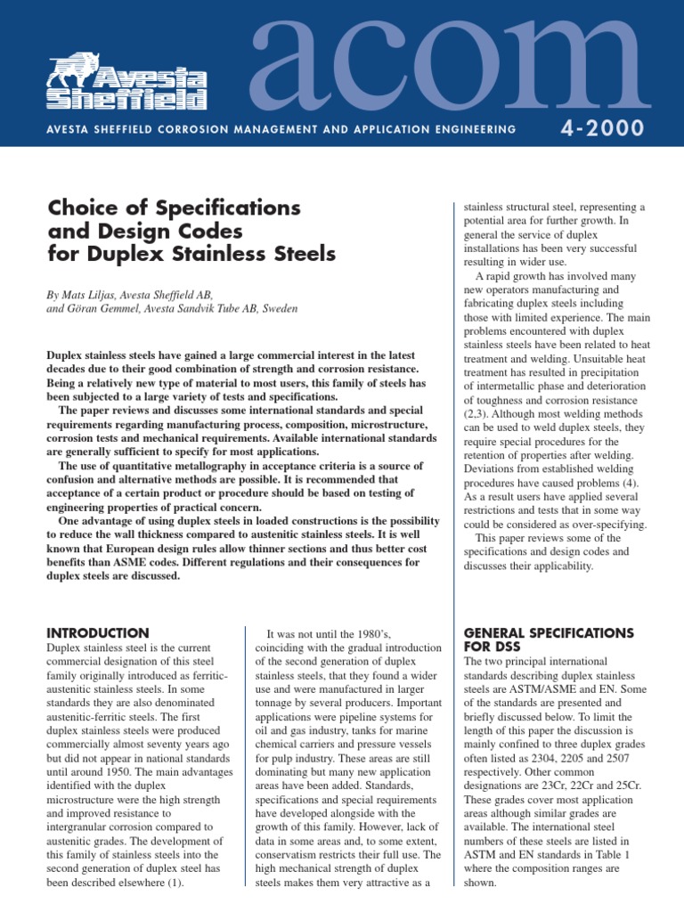 Choice of Specifications and Design Codes For Duplex Stainless Steels ...