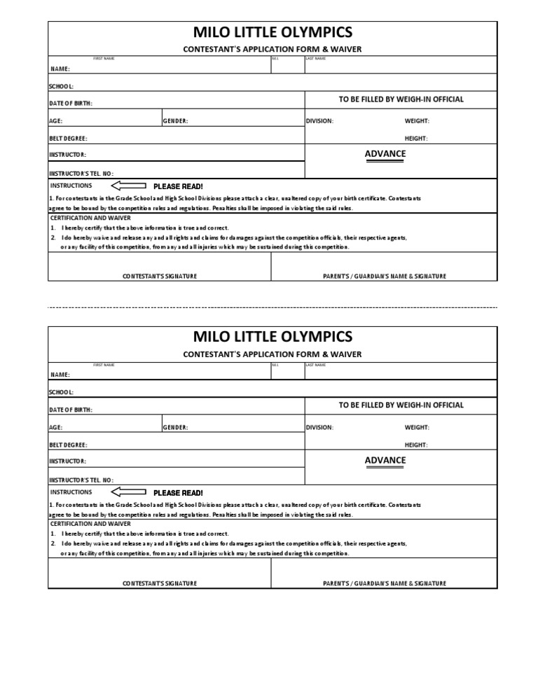 Milo Little Olympics Application Form and Waiver | PDF | Social ...